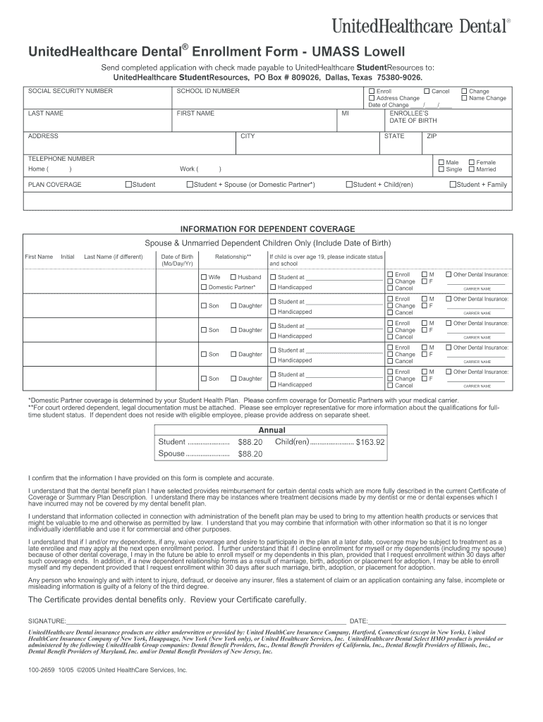 Fillable Online UnitedHealthcare Dental Enrollment Form - UMASS Lowell Fax Email Print - pdfFiller