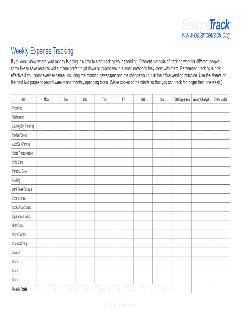 Fillable Online Weekly Expense Tracking Fax Email Print - pdfFiller