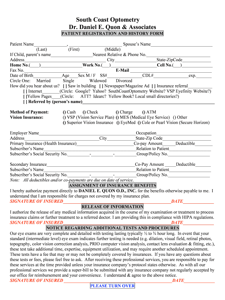 Fillable Online Patient Registration & History Form - South Coast ...