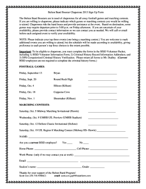 Fillable Online Belton Band Booster Chaperone 2008 Sign up Form Fax ...