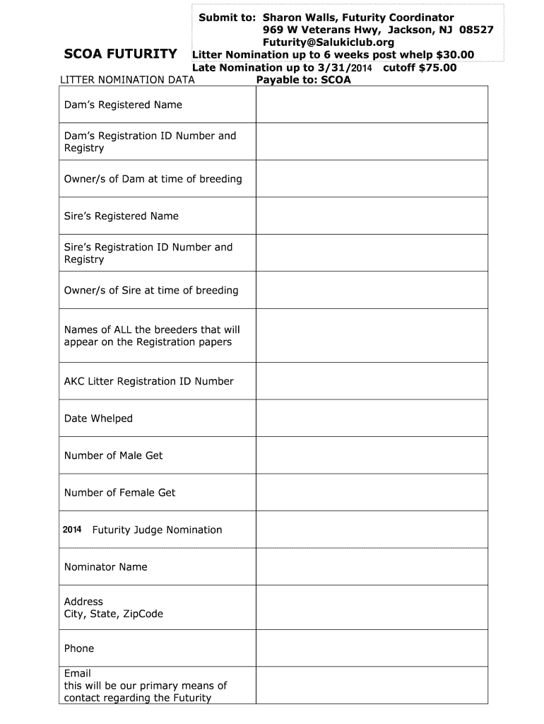 Fillable Online salukiclub Litter nomination up to six weeks post ...