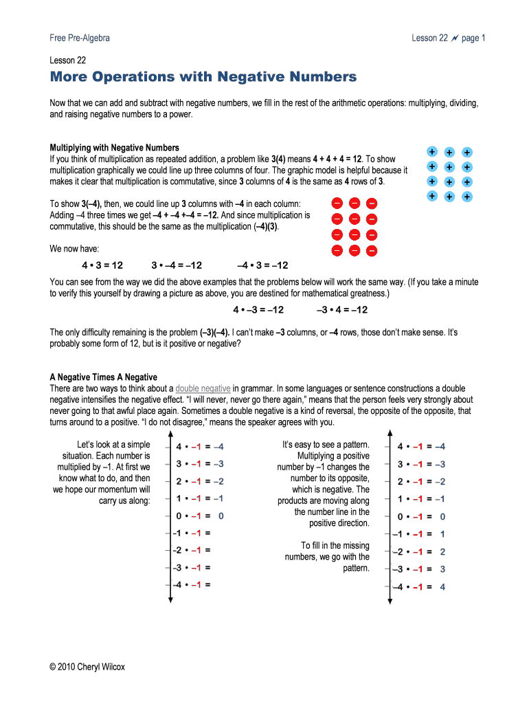 Fillable Online Lesson 22 More Operations with Negative Numbers Fax ...