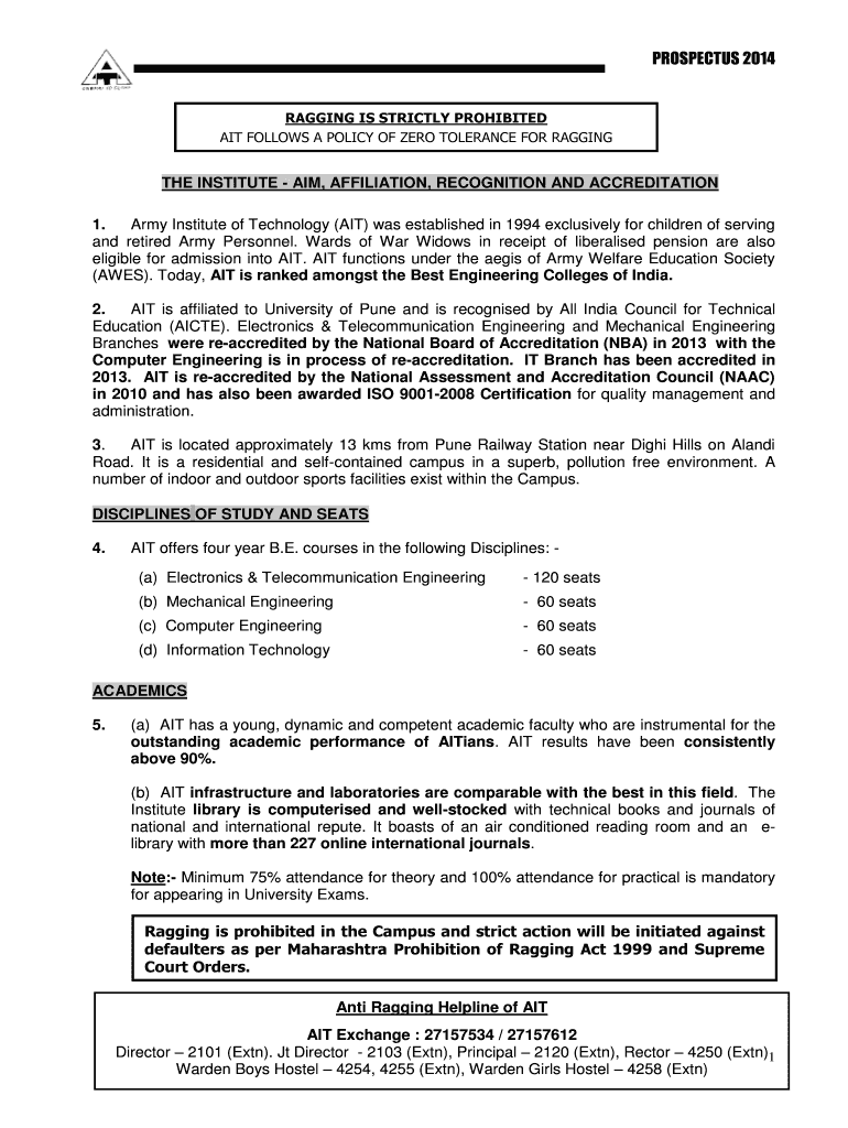 Fillable Online AIT FOLLOWS A POLICY OF ZERO TOLERANCE FOR RAGGING Fax ...