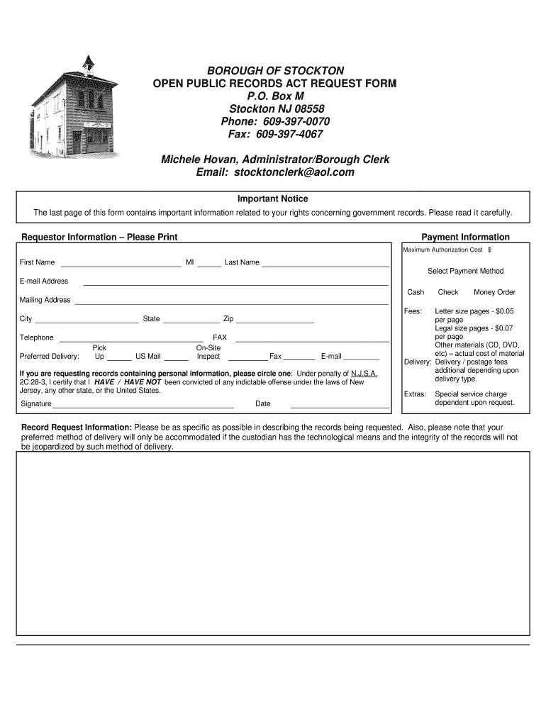 Fillable Online stocktonboronj OPRA Request Form - Stockton Borough NJ ...