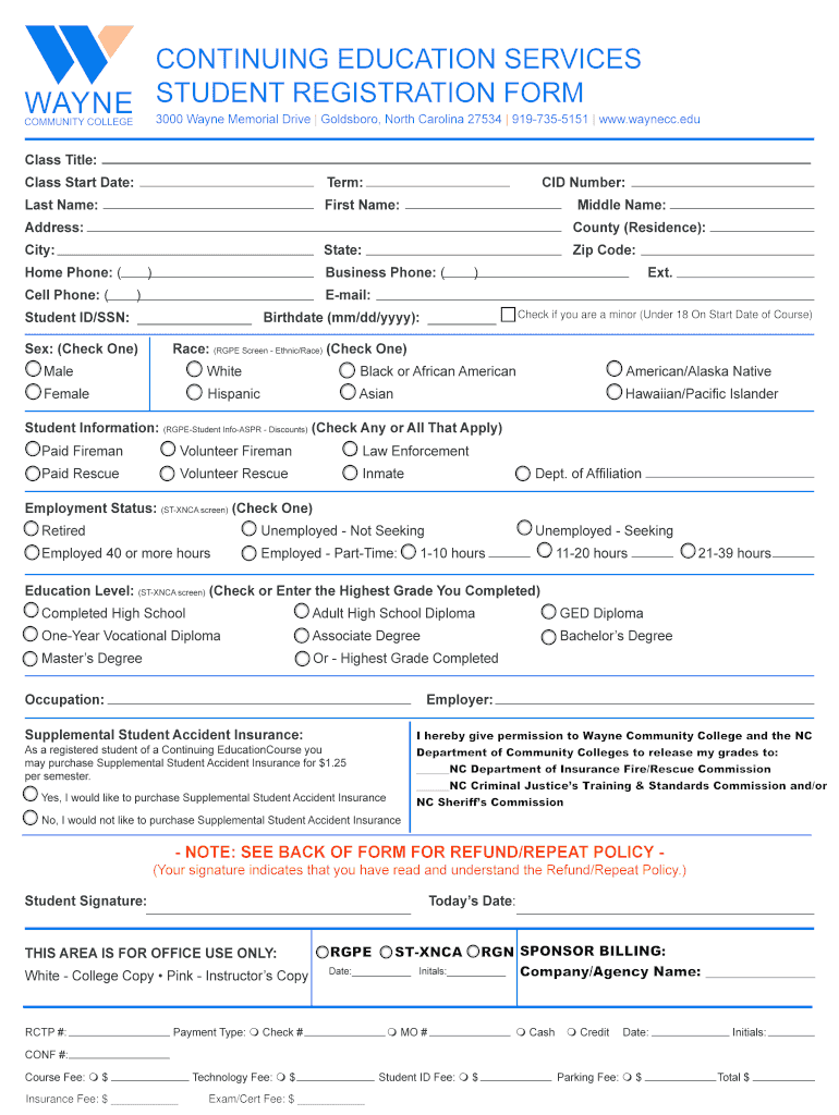 Fillable Online waynecc ConEd Student Registration Form.indd - Wayne Community College Fax Email ...