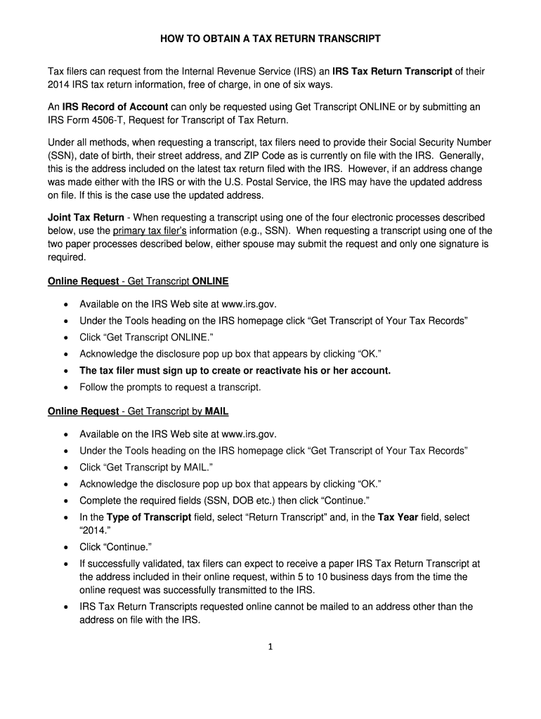 Fillable Online waynecc HOW TO OBTAIN A TAX RETURN TRANSCRIPT 1 Tax ...