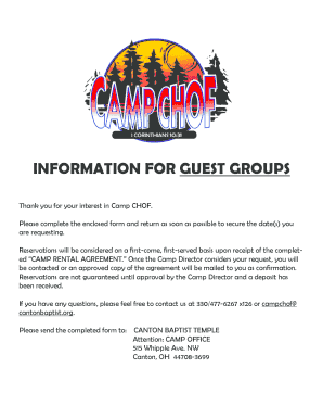 Fillable Online INFORMATION FOR GUEST GROUPS - Camp CHOF Fax Email ...