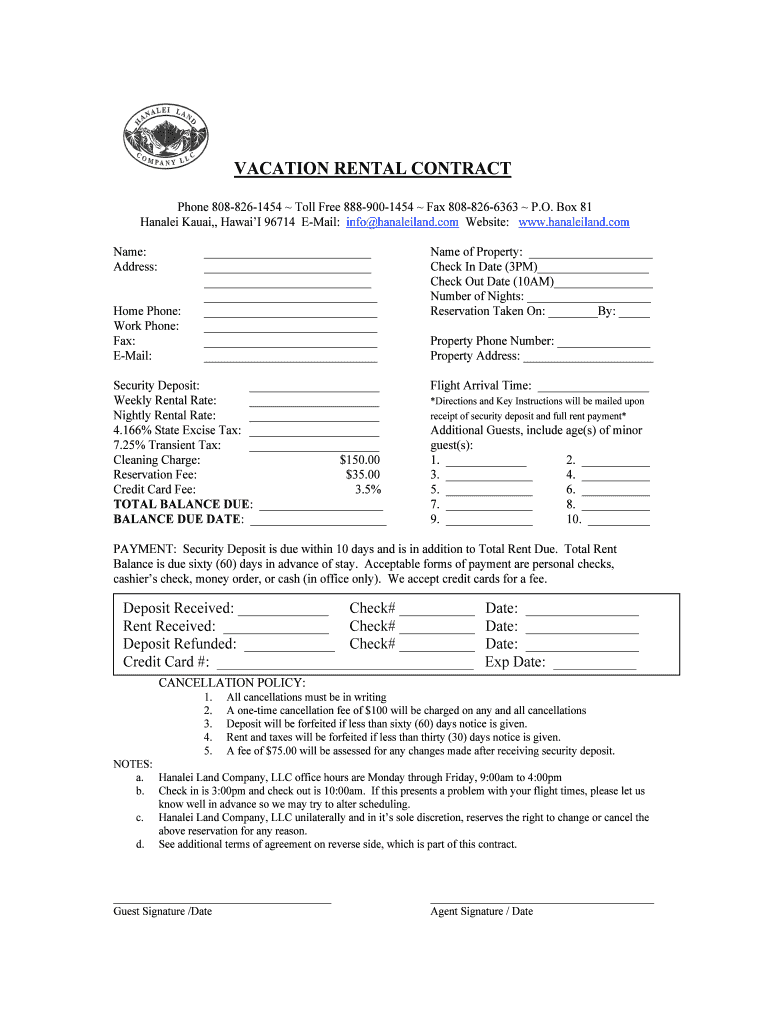 Fillable Online VACATION RENTAL CONTRACT - Hanalei Land Company Fax ...