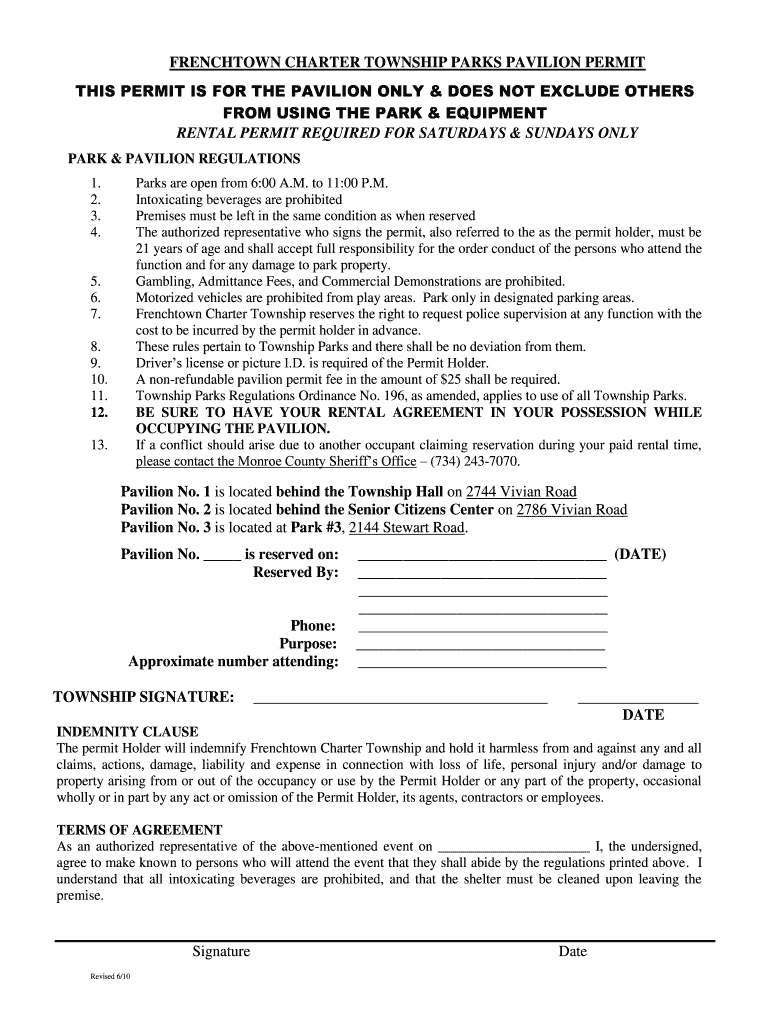 Fillable Online THIS PERMIT IS FOR THE PAVILION ONLY amp DOES NOT Fax ...
