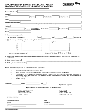 Fillable Online gov mb APPLICATION FOR QUARRY EXPLORATION PERMIT Fax ...