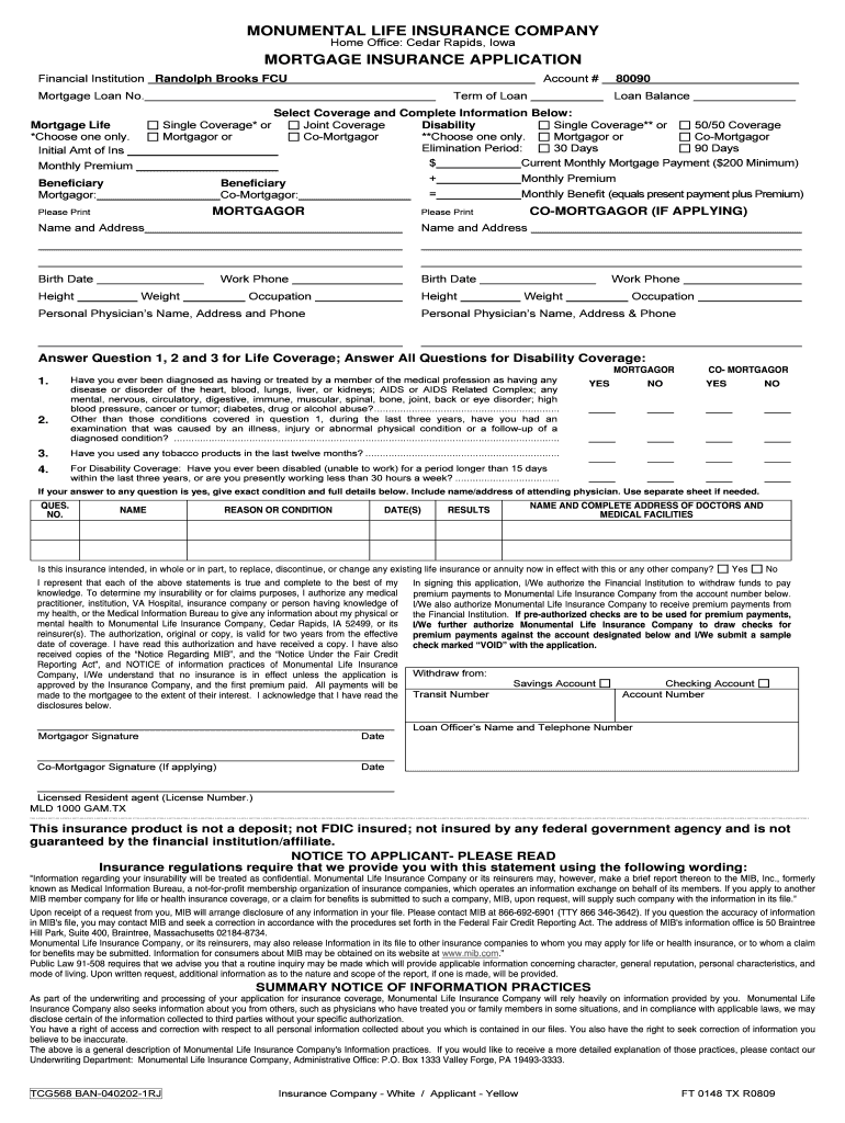 Fillable Online rbfcu Monumental life insurance company mortgage ...