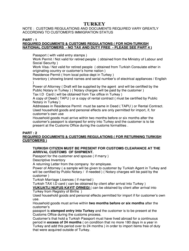 Fillable Online NOTE : CUSTOMS REGULATIONS AND DOCUMENTS REQUIRED VARY ...