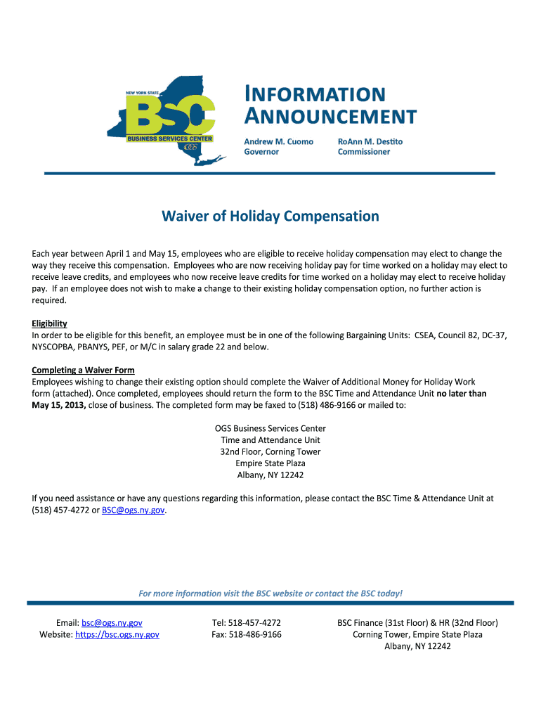 Fillable Online Waiver of Holiday Compensation Fax Email Print - pdfFiller