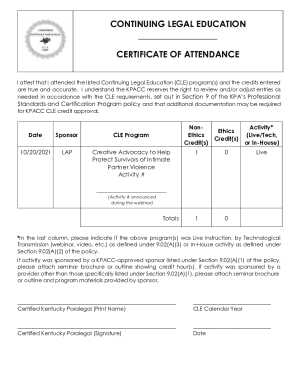 Fillable Online Continuing Legal Education Certificate of Attendance ...