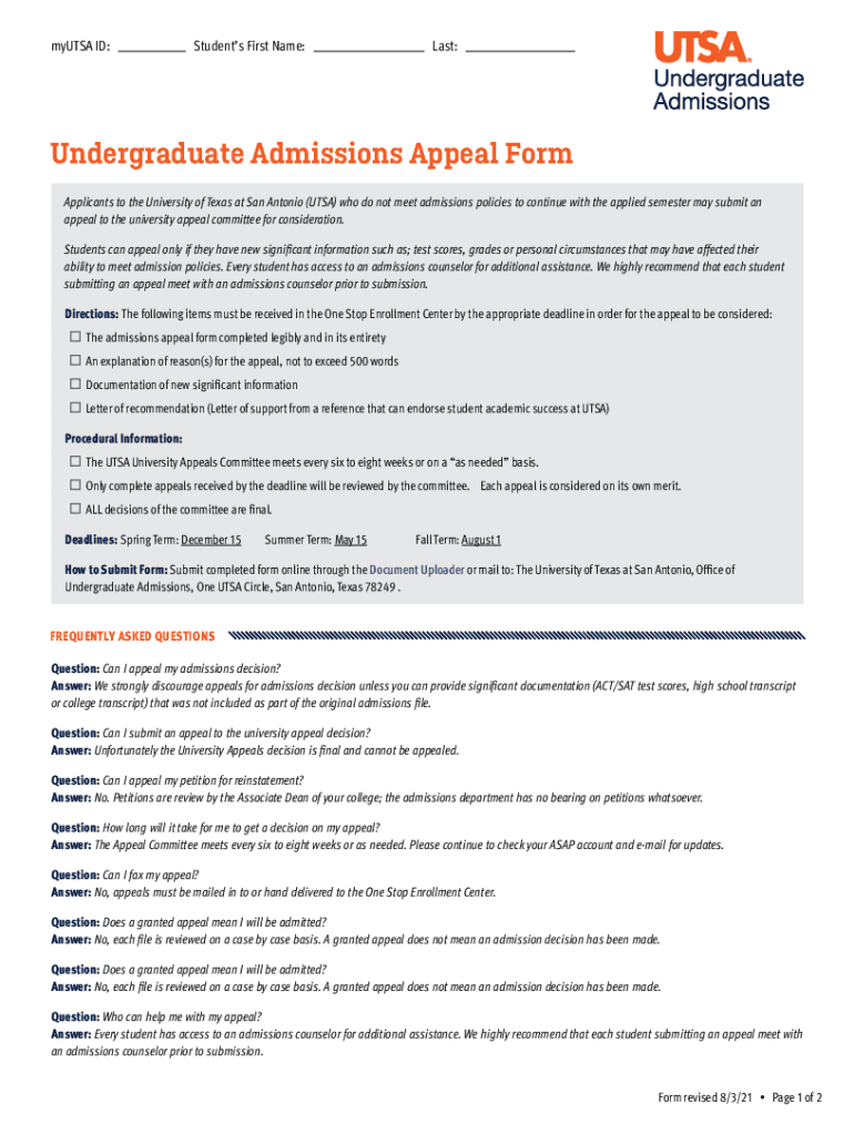 Fillable Online Undergraduate Admissions Appeal Form - future.utsa.edu ...