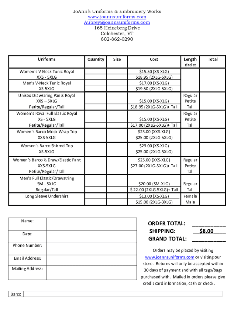 Fillable Online Fillable Online JoAnn's Uniforms & Embroidery Works www ...