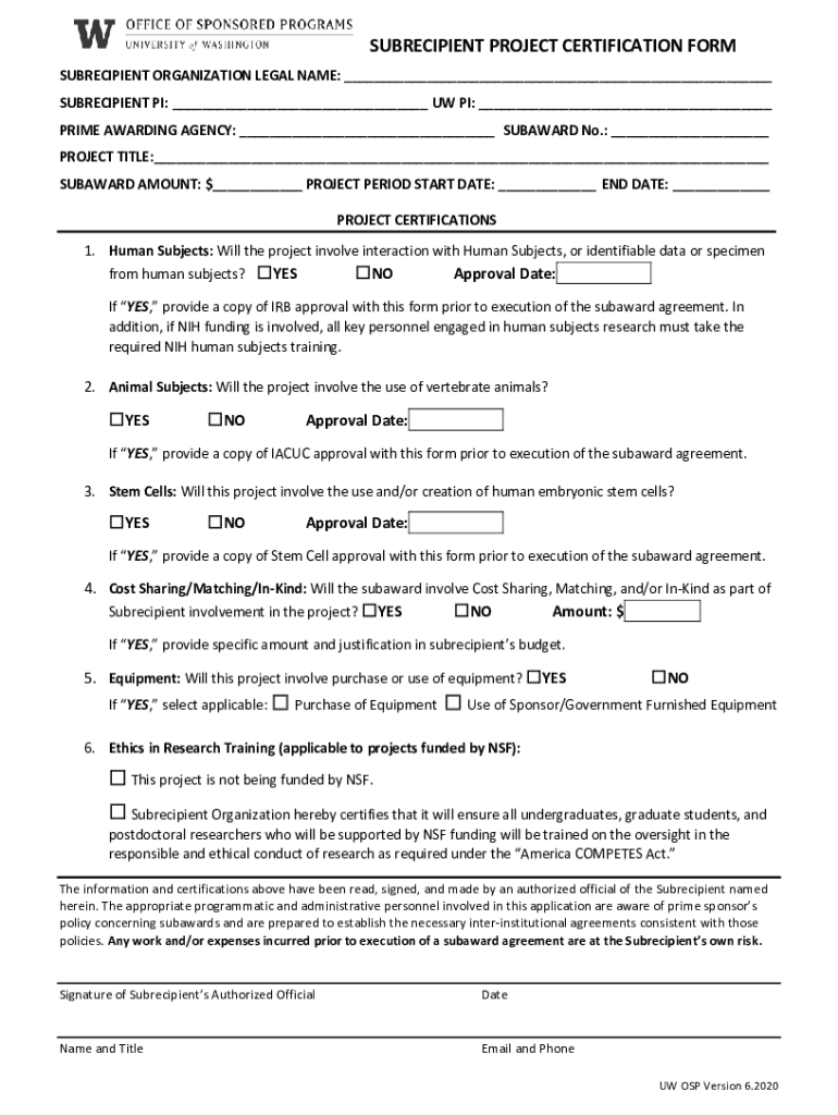 Fillable Online EXHIBIT 4 SUBRECIPIENT CERTIFICATION FORM I. Subrecipient ... Fax Email Print ...