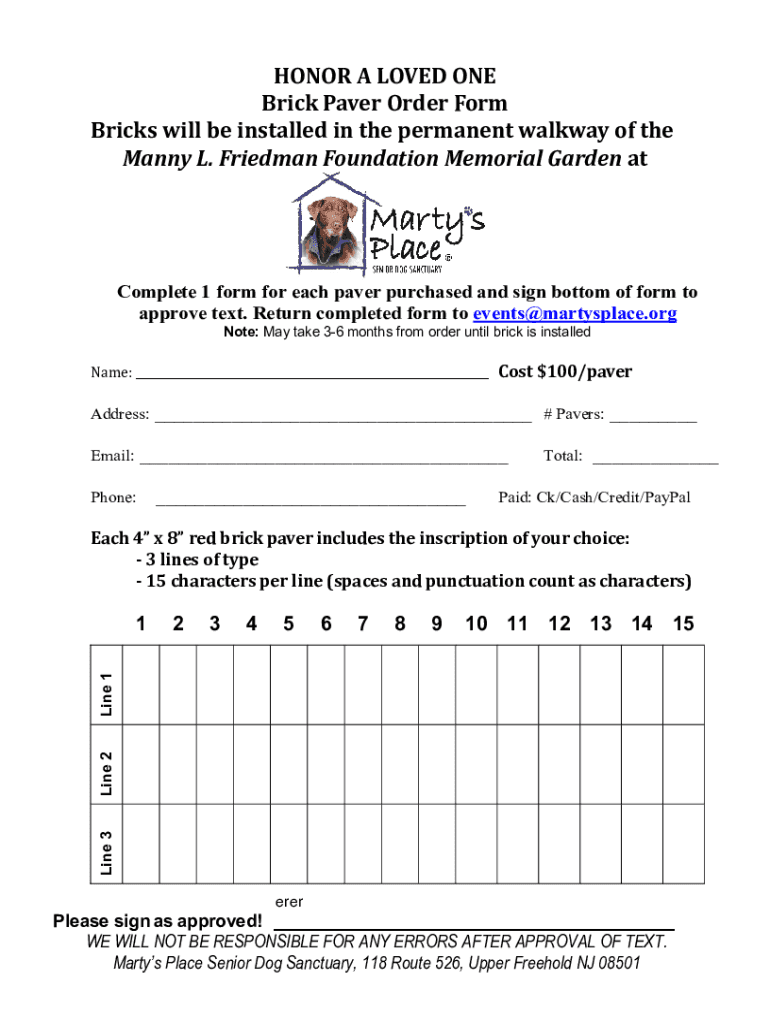 Fillable Online HONOR A LOVED ONE Brick Paver Order Form Bricks will be ... Fax Email Print ...