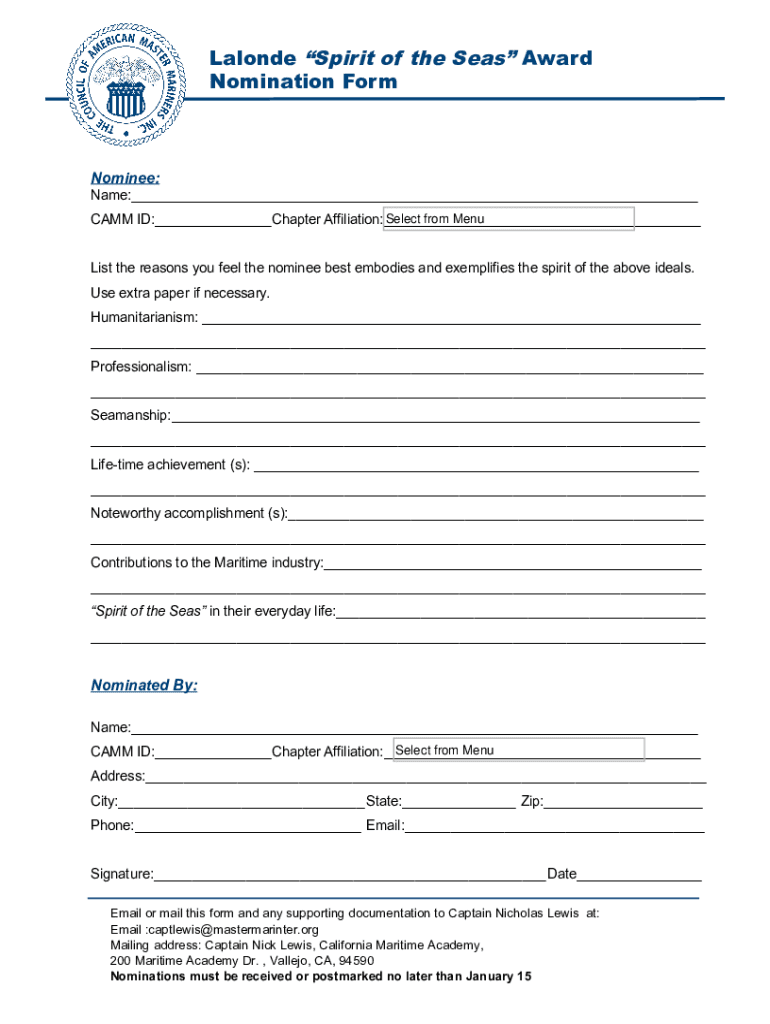 Fillable Online Lalonde Spirit of the Seas Award Nomination Form ...