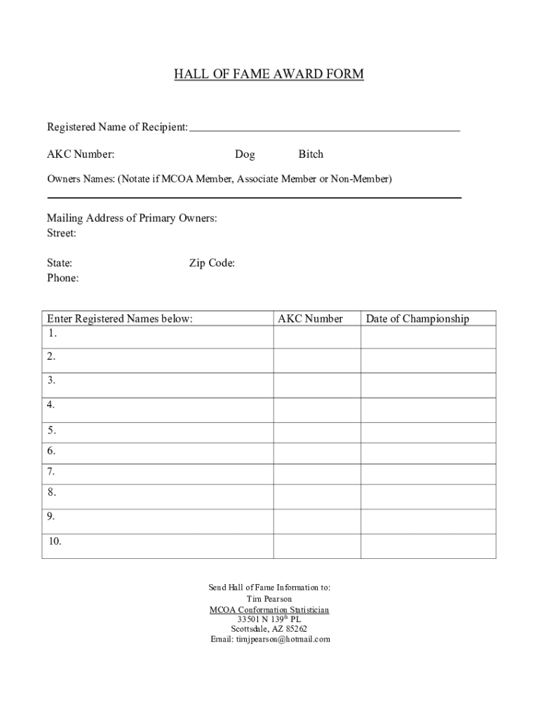 Fillable Online HALL OF FAME AWARD FORM - mastiff.org Fax Email Print - pdfFiller
