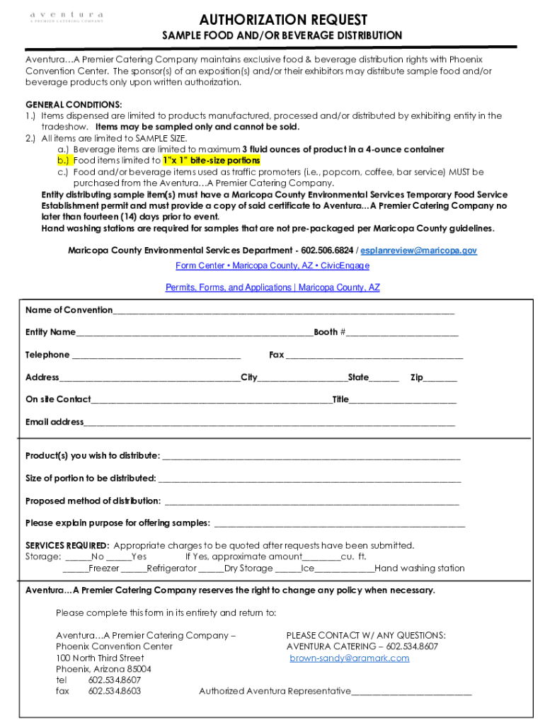 Fillable Online Authorization Request Sample Food and/or Beverage ...