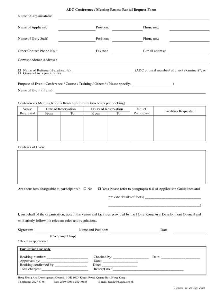 Fillable Online ADC Conference / Meeting Rooms Rental Request Form Fax ...