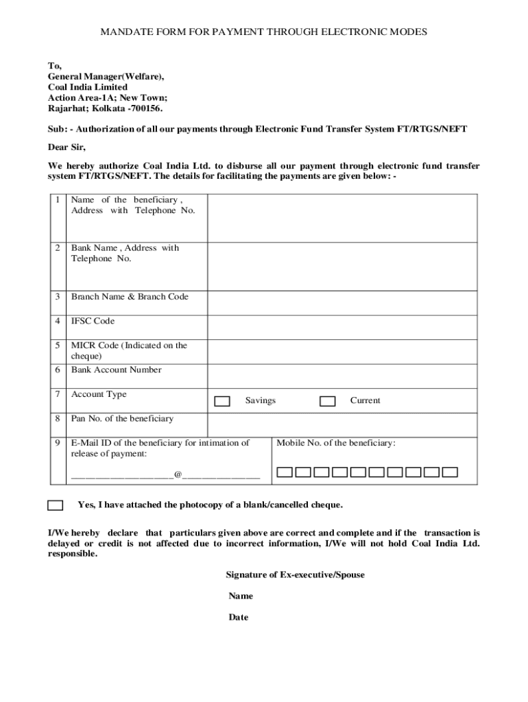 Fillable Online MANDATE FORM FOR PAYMENT THROUGH ELECTRONIC MODES Fax ...