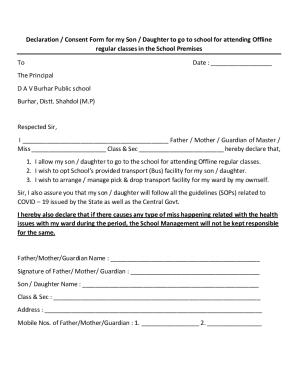 Fillable Online Declaration / Consent Form for my Son / Daughter to go ...