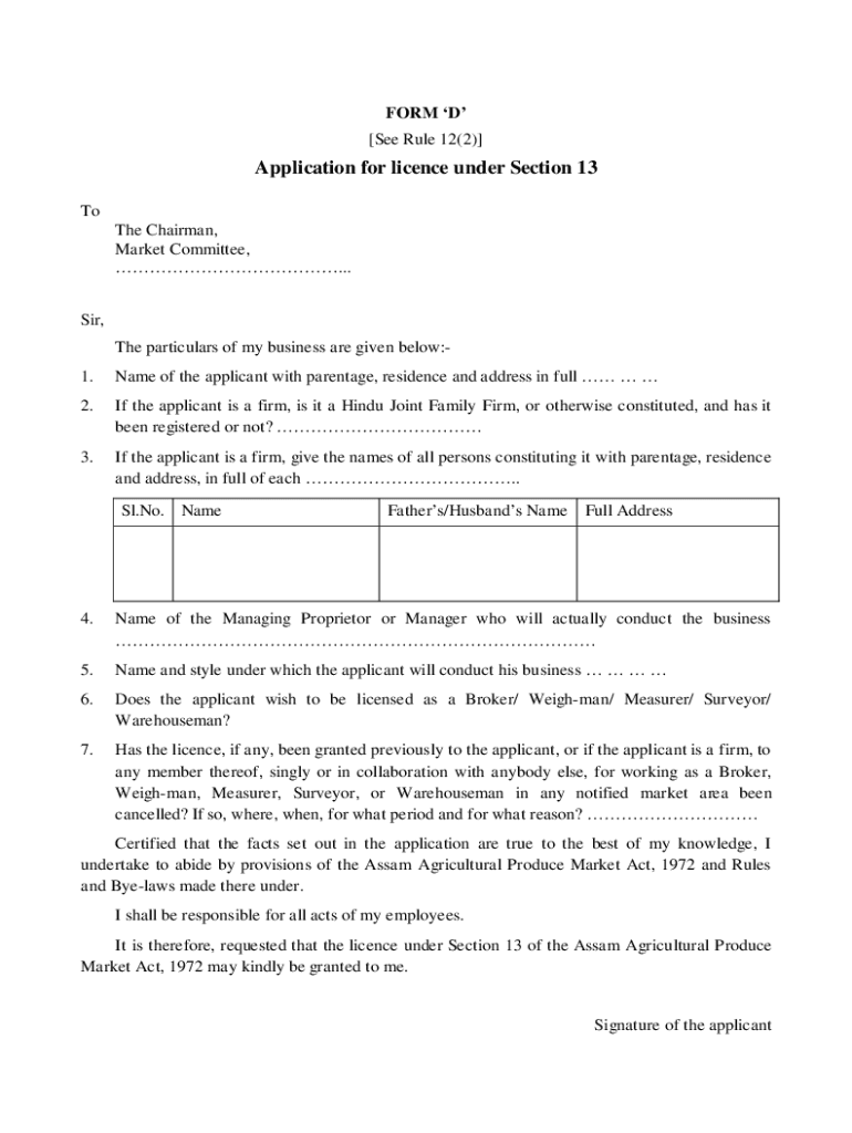 Fillable Online Form D See Rule 19(1) Application for licence under ...
