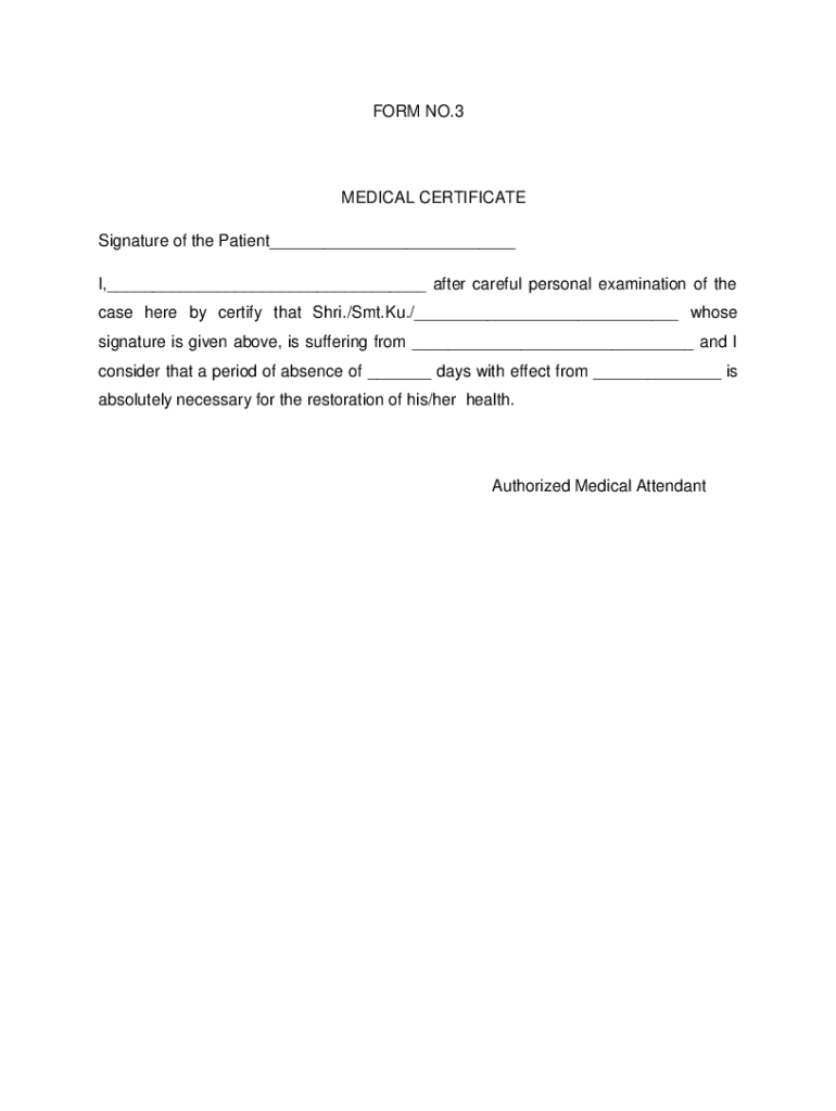 Fillable Online FORM NO.3 MEDICAL CERTIFICATE Signature of the Patient ...
