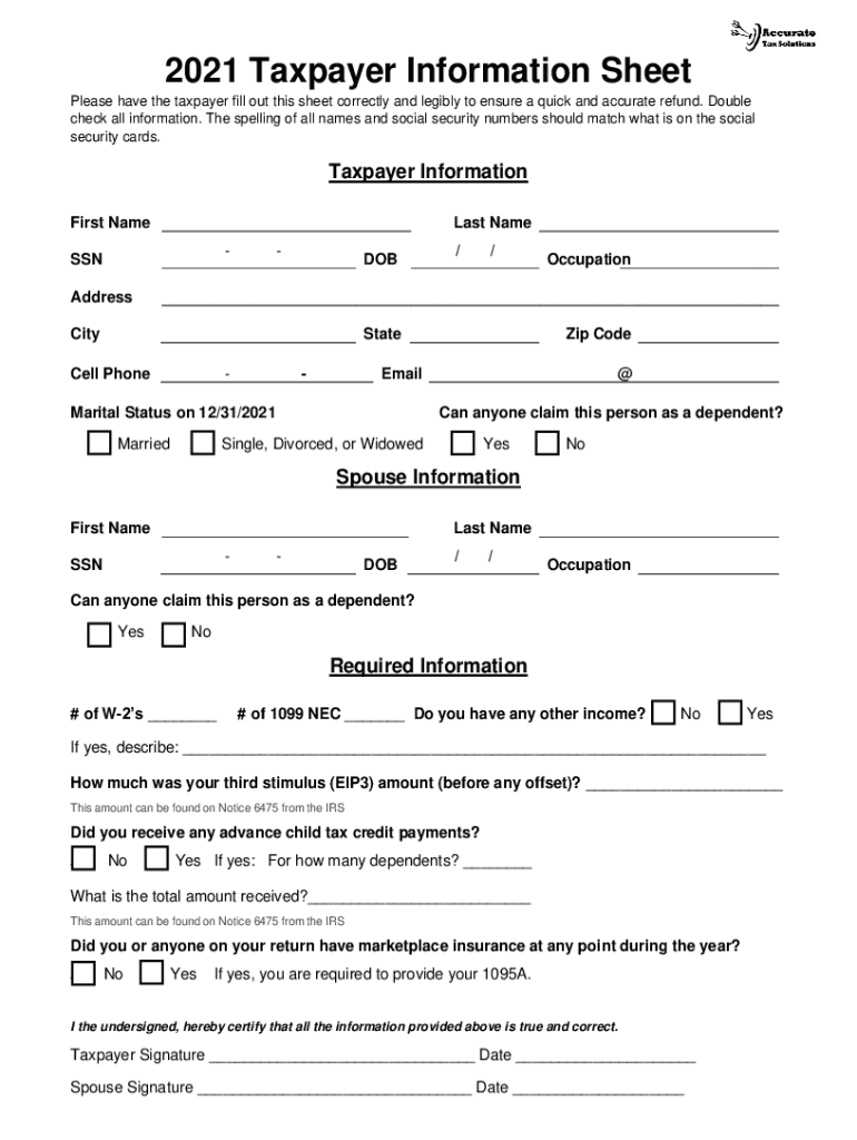 Fillable Online Taxpayer Information Sheet Fax Email Print - pdfFiller