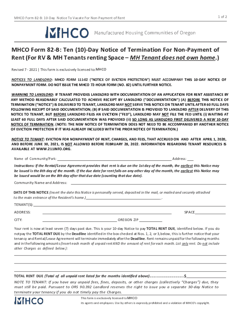 Fillable Online Fillable Online MHCO Form 82: 10-Day Notice To Vacate ...