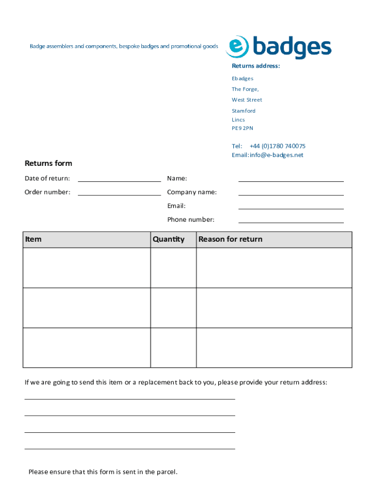 Fillable Online Returns form Quantity Reason for return Fax Email Print ...