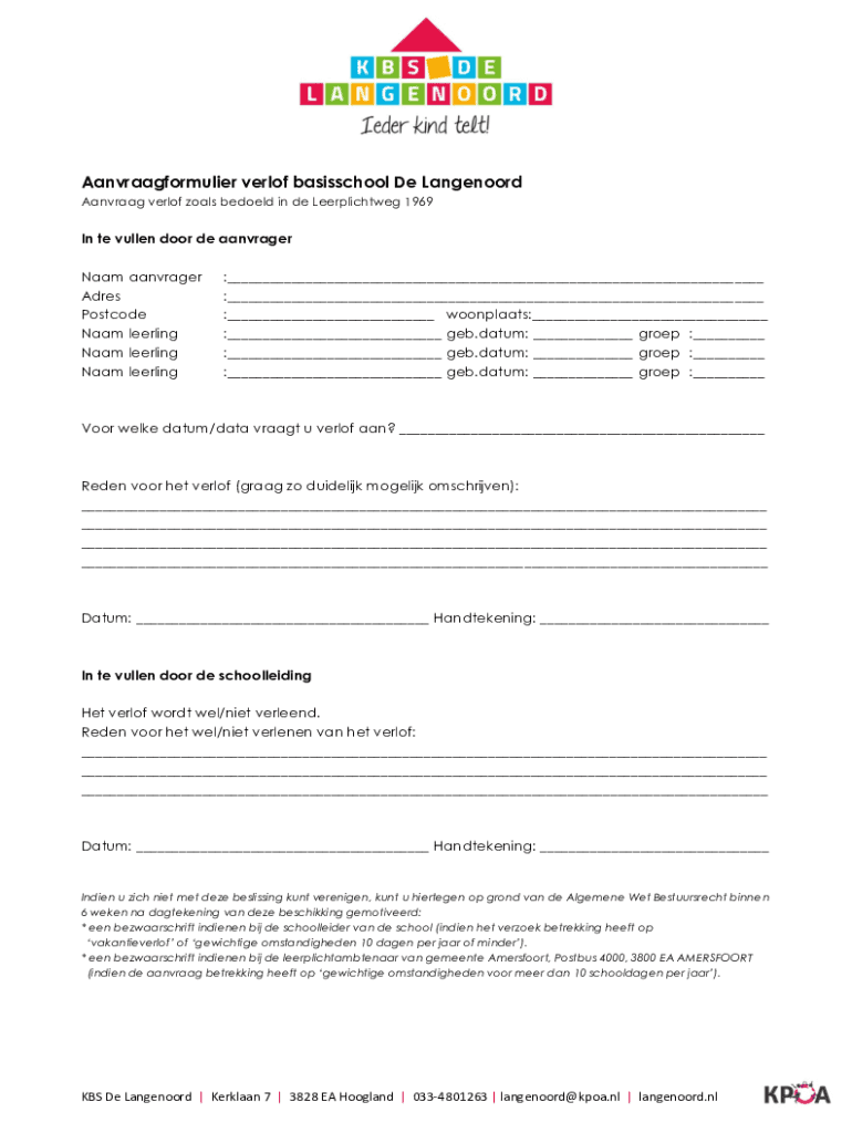 Fillable Online Aanvraagformulier vakantie en verlof In te vullen door ...