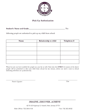 Fillable Online Pick Up Form.docx - Persons Authorized to Pick Up My ...