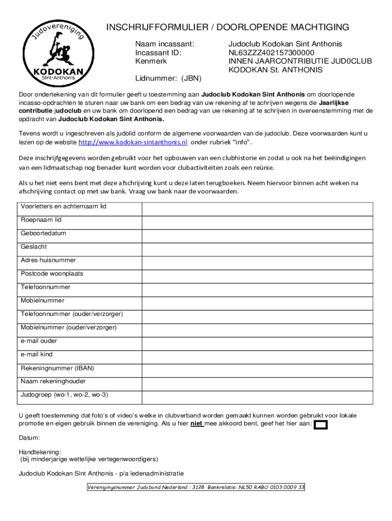 Fillable Online Inschrijfformulier: Lever dit voor de eerste proefles ...