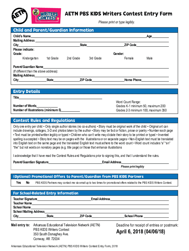 Fillable Online Get the free KCOS PBS KIDS Writers Contest Entry Form ...