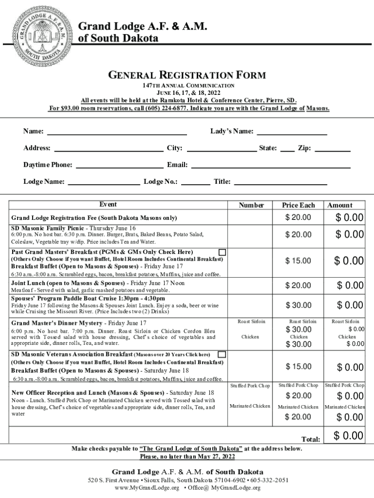 Fillable Online Grand Lodge of South Dakota, A. F. & A. M. Fax Email ...