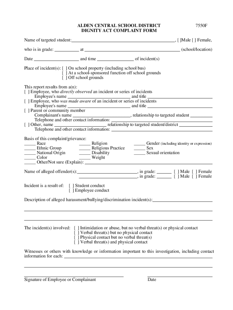 Fillable Online Fillable Online Dignity Act Harassment Complaint Form ...