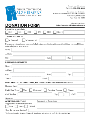 Fillable Online Fillable Online DONATION FORM Fisher Center for Alzheimers ... Fax Email Print ...