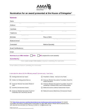 Fillable Online Awards Nomination Form. Awards Nomination Form Fax Email Print - pdfFiller