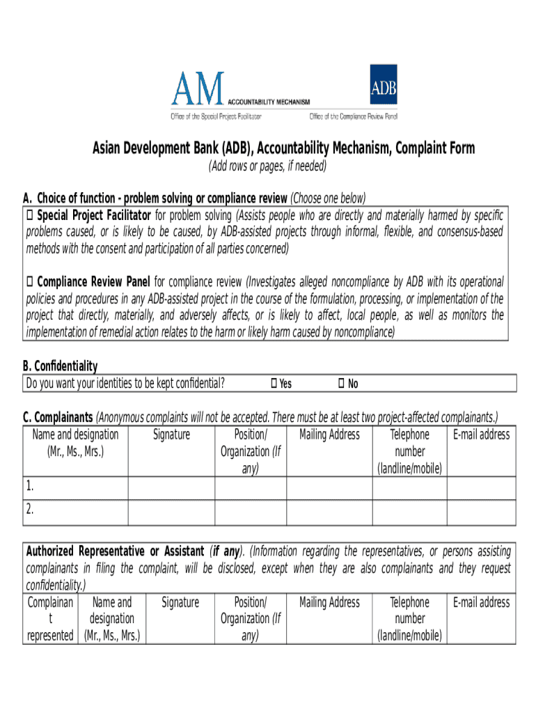 Asian Development Bank (ADB), Accountability Mechanism ... Doc Template | pdfFiller