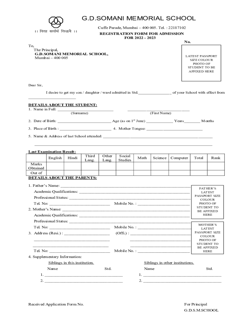 Fillable Online G.d. Somani Memorial School 445th best school in India ...