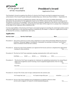 Fillable Online Presidents Award Application Form - gsnetx.org Fax ...