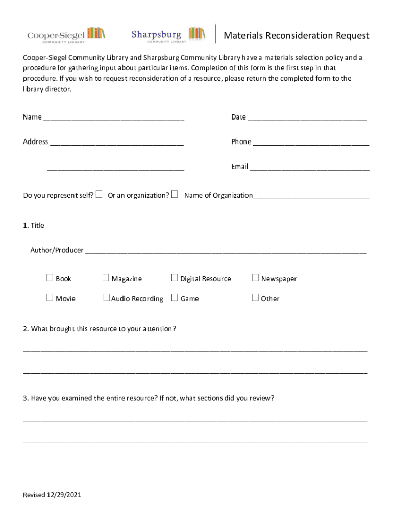 Fillable Online Citizens Request for Reconsideration of Library ...