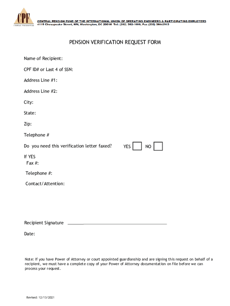 Fillable Online PENSION VERIFICATION REQUEST FORM Fax Email Print ...