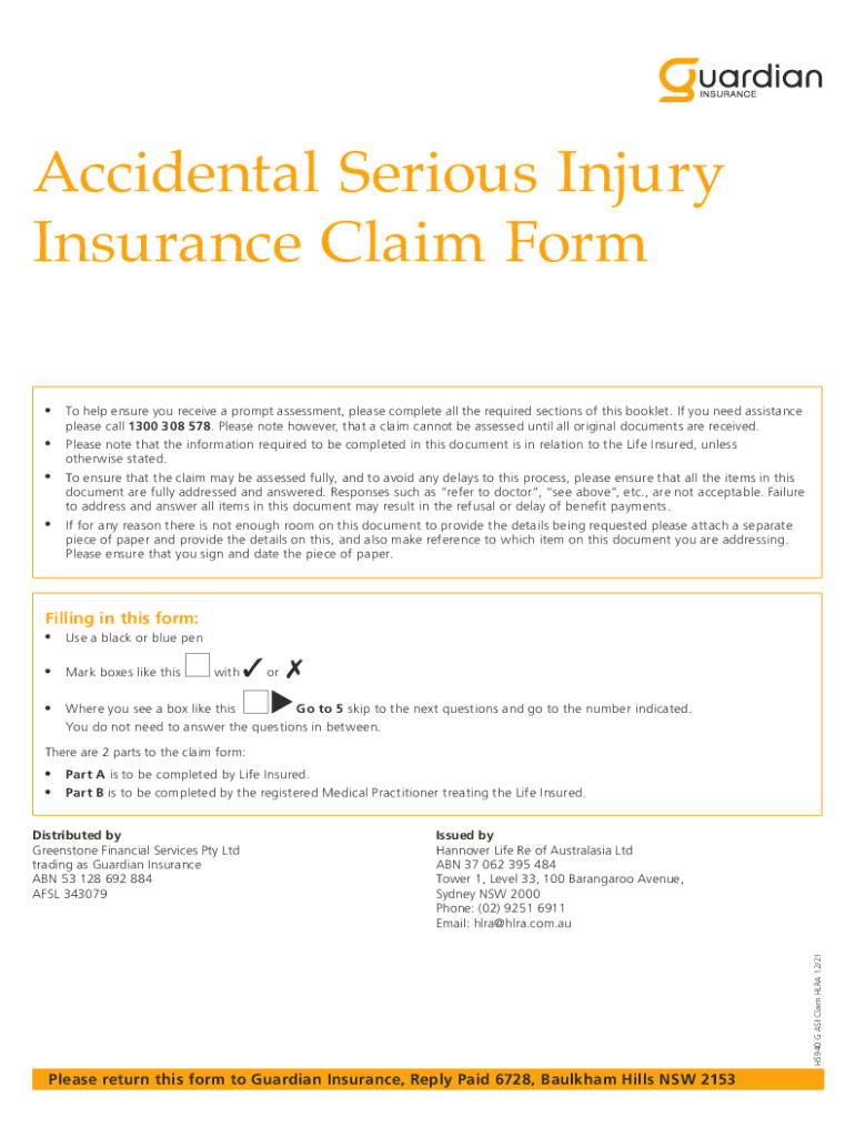 Fillable Online Guardian Accidental Serious Injury Insurance Claim Form ...