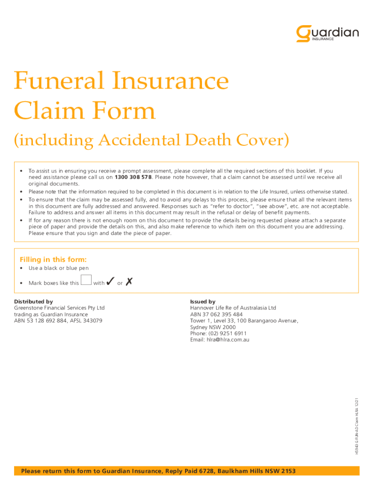 Fillable Online Guardian Funeral Insurance (including Accidental Death ...