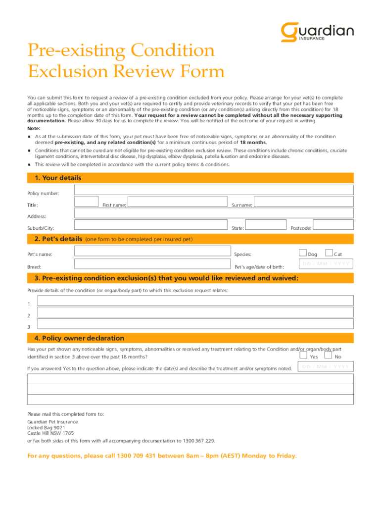 Fillable Online Guardian Pet Insurance PEC Exclusion Review Form Fax ...