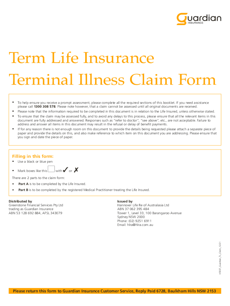 Fillable Online Guardian Term Life Terminal Illness Claim Form Fax ...